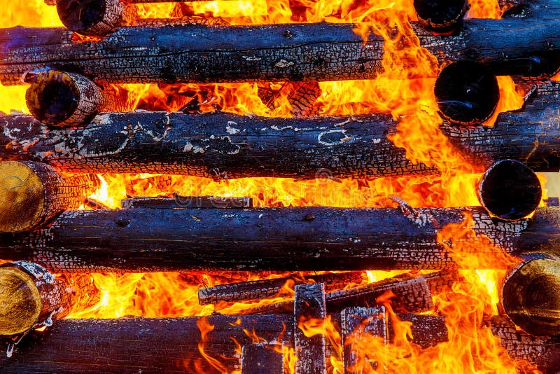 Beautiful Structure of Burning Logs and Flames of Great Bonfire. Stock ...