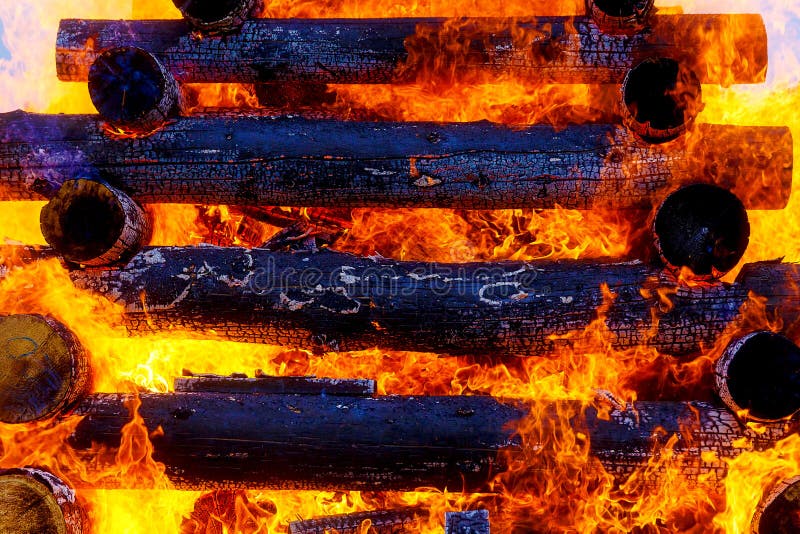 Beautiful Structure of Burning Logs and Flames of Great Bonfire. Stock ...