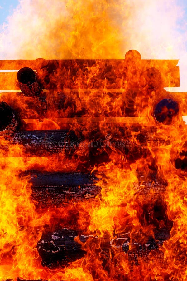 Beautiful Structure of Burning Logs and Flames of Great Bonfire. Stock ...