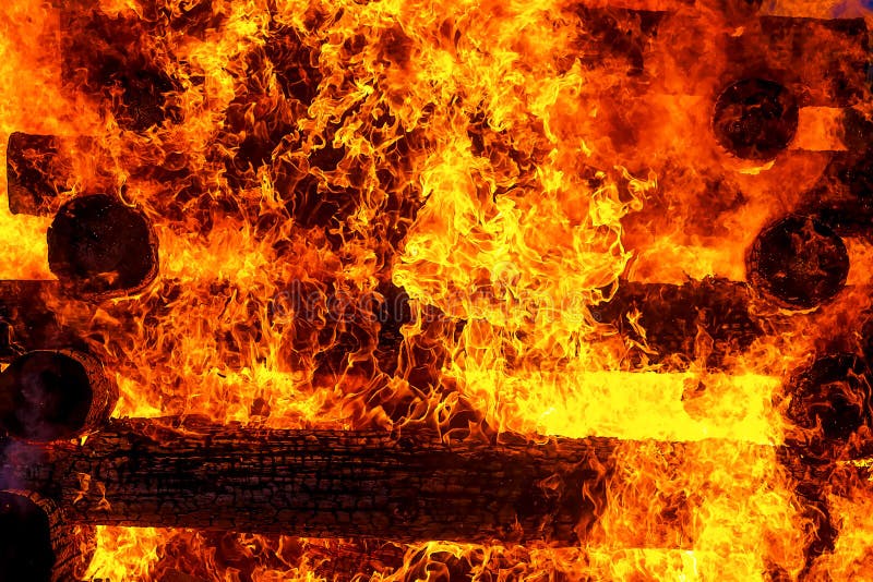 Beautiful Structure of Burning Logs and Flames of Great Bonfire. Stock ...
