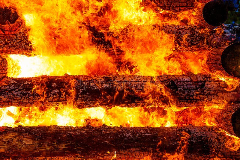 Beautiful Structure of Burning Logs and Flames of Great Bonfire. Stock ...