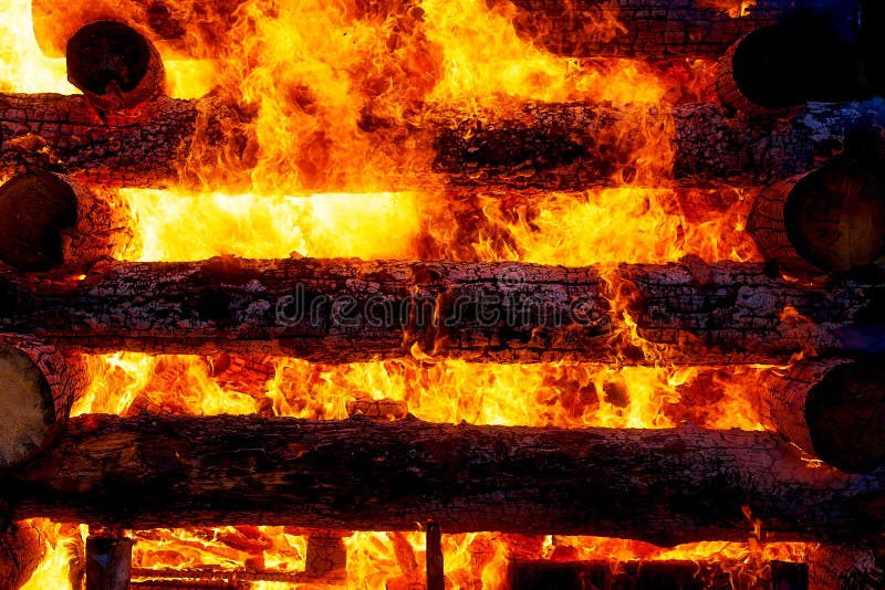 Beautiful Structure of Burning Logs and Flames of Great Bonfire. Stock ...