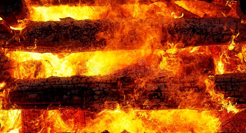 Beautiful Structure of Burning Logs and Flames of Great Bonfire. Stock ...