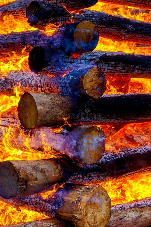 Beautiful Structure of Burning Logs and Flames of Great Bonfire. Stock ...
