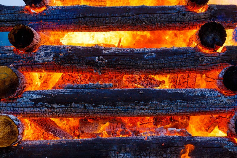 Beautiful Structure of Burning Logs and Flames of Great Bonfire. Stock ...