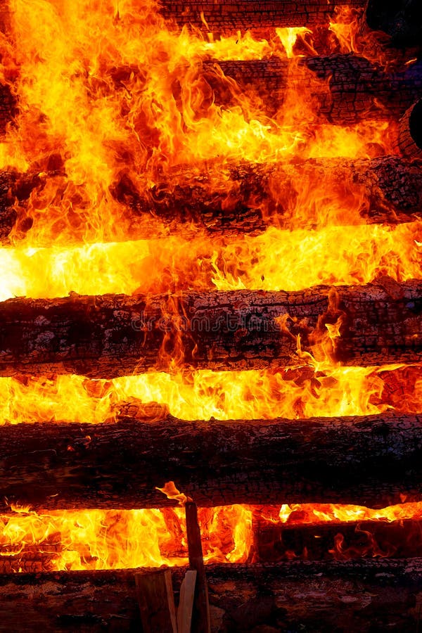 Beautiful Structure of Burning Logs and Flames of Great Bonfire. Stock ...