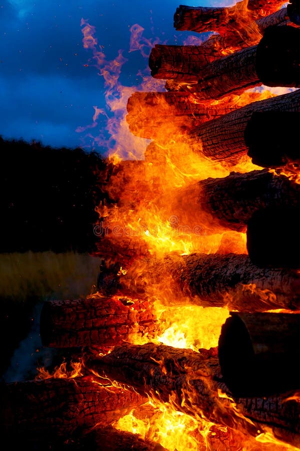 Beautiful Structure of Burning Logs and Flames of Great Bonfire. Stock ...