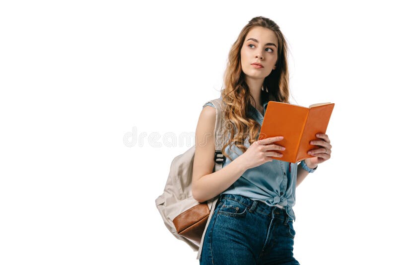 Beautiful Student Holding Open Book and Looking Away Stock Image ...