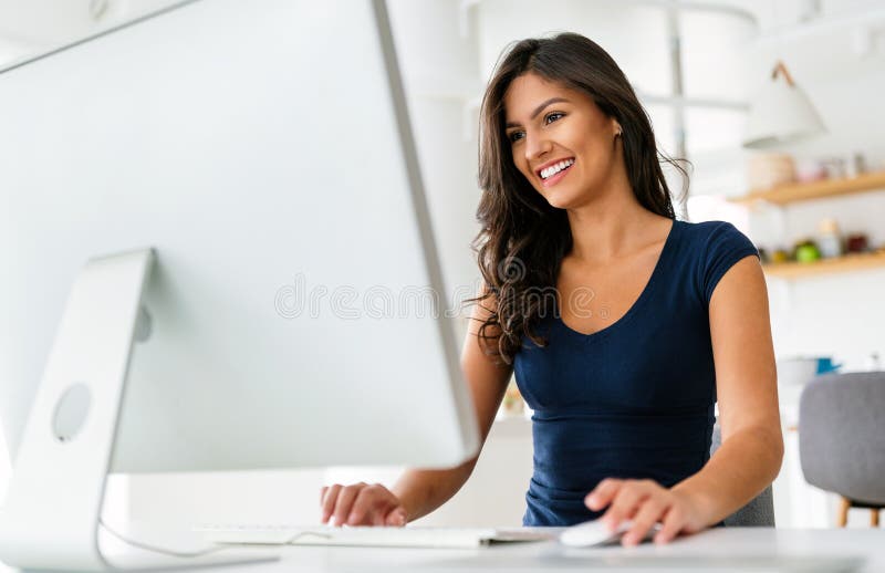 Beautiful Student Woman Learning Online on Computer at Home. Technology ...