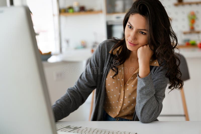 Beautiful Student Woman Learning Online on Computer at Home. Technology ...