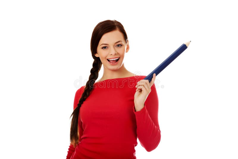 Beautiful Student Woman Pointing Up with a Big Pencil Stock Image ...