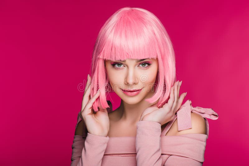 Beautiful Stylish Model Posing in Pink Wig, Isolated Stock Photo ...