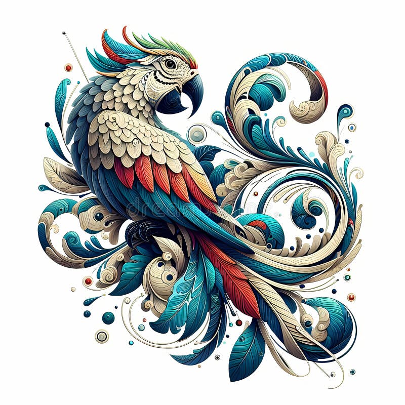 A Beautiful Stylized Parot, with Swirling Patterns and Leaves, Splashes ...