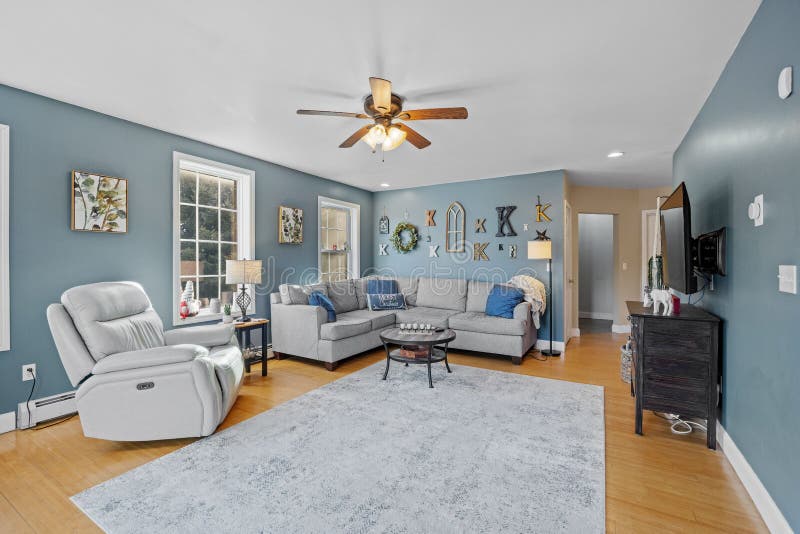 Beautiful Suburban House Interior with Blue Walls and Sofas Under a ...