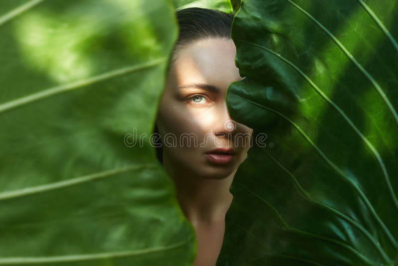 Beautiful Summer Girl Behind Palm Leaves Young Woman Under Palm Tree