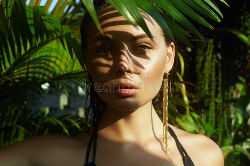 Beautiful Summer Girl Young Woman In Bikini Under Palm Tree Stock
