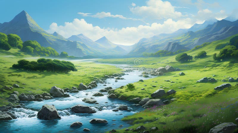 Beautiful Summer Landscape with a River and Mountains. 3d Rendering ...
