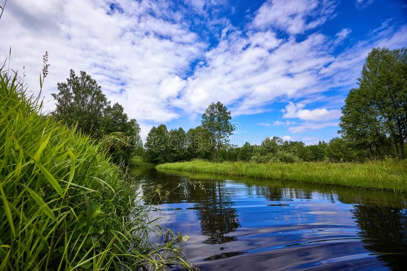 Beautiful Summer River at Sunny Day with Clouds Reflection in the Water ...