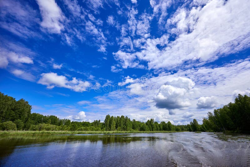 Beautiful Summer River at Sunny Day with Clouds Reflection in the Water ...
