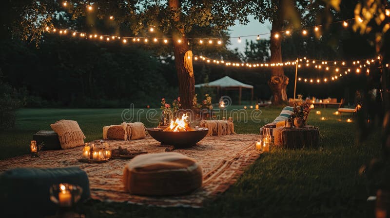 A Beautiful Summer Solstice Outdoor Gathering with String Lights Stock ...