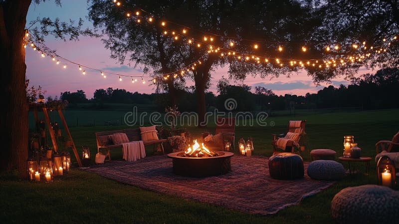 A Beautiful Summer Solstice Outdoor Gathering with String Lights Stock ...