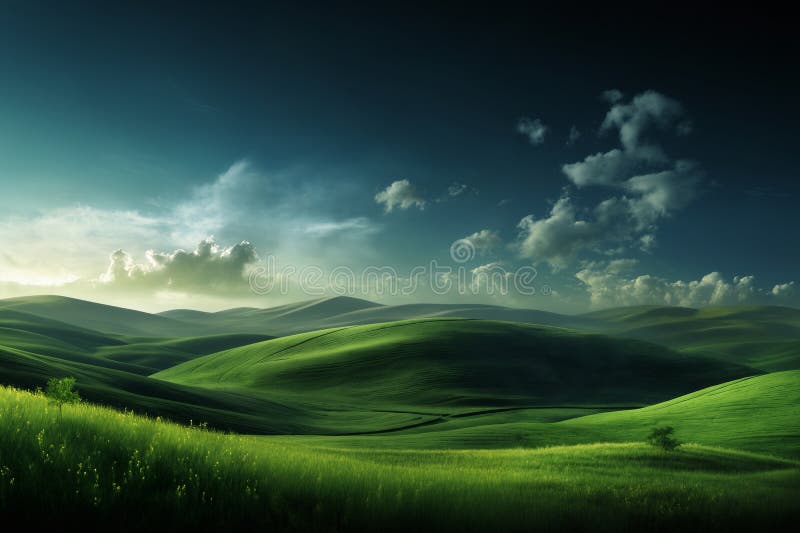 A Beautiful Summer or Spring Landscape with Green Grass on the Hills ...