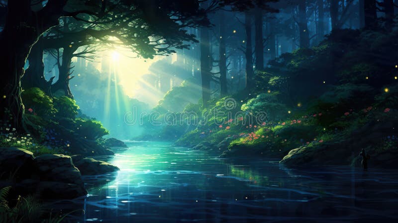 A Beautiful Sun Breaking through a Forest Scenery with a River Flowing ...