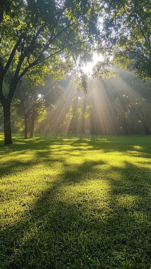 Beautiful Sun Rays Shining through Trees on a Green Grass Lawn in a ...