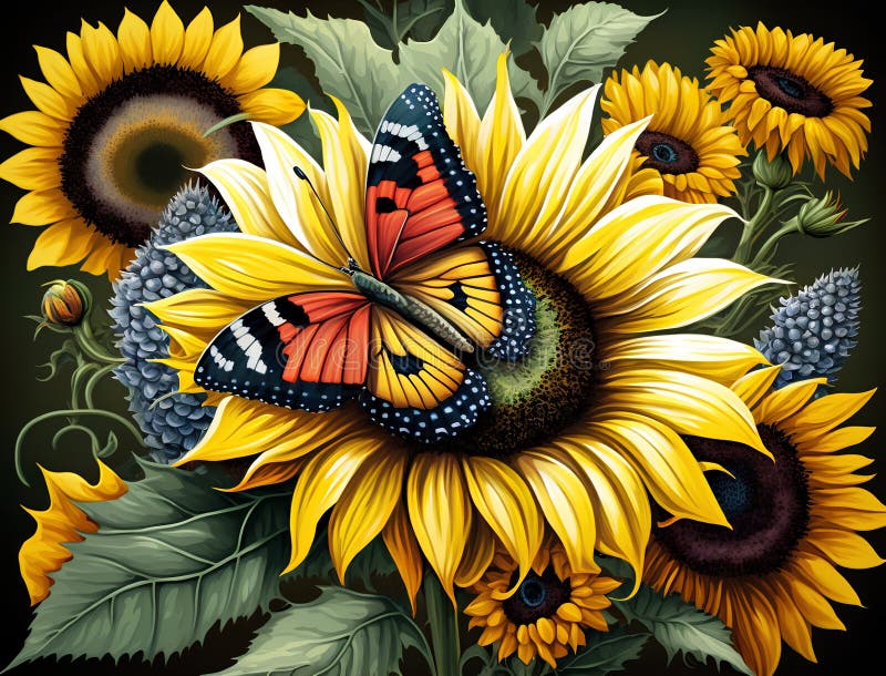 Beautiful Sunflower with Butterfly. Vector Illustration for Your Design ...