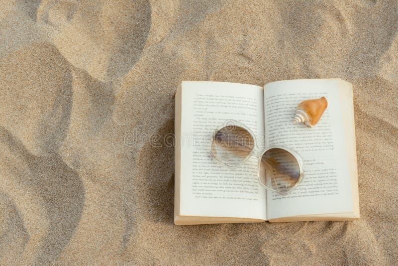 Beautiful Sunglasses, Book and Shell on Sand, Top View. Space for Text ...