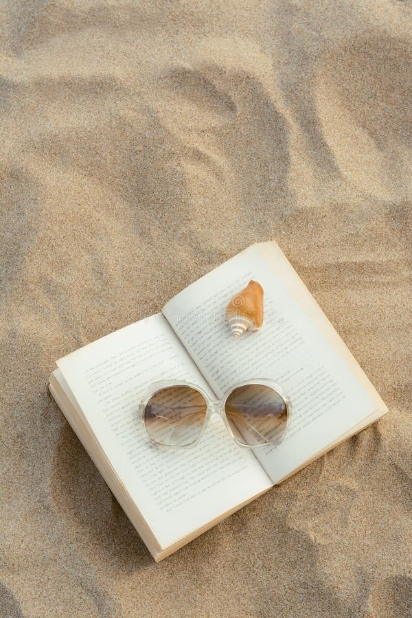 Beautiful Sunglasses, Book and Shell on Sand, Top View. Space for Text ...