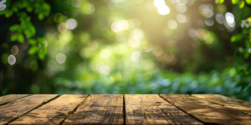 A Beautiful Sunlit Forest Background Featuring a Charming Wooden Table ...