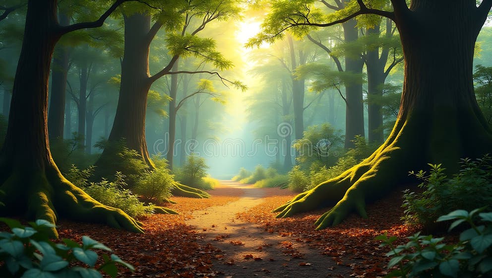 Sunlit Path through a Dense Forest with Tall Trees and Lush Greenery ...