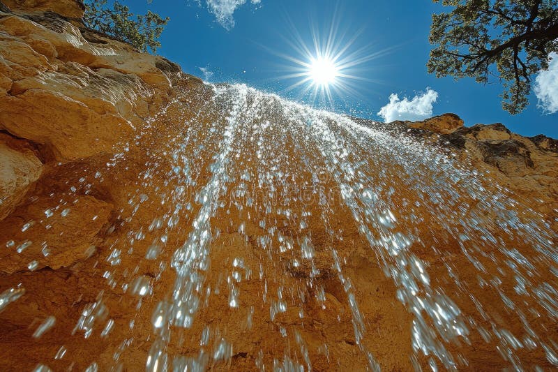Sunlight Drenched Waterfall Cascading Down Rocky Cliff Face Stock ...