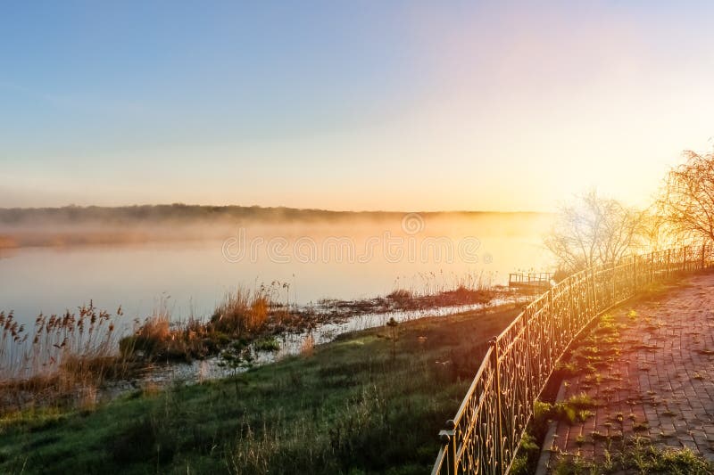 Beautiful Sunny Landscape with River, Sun Shines. Stock Photo - Image ...