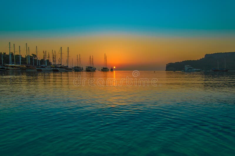 Beautiful Sunrise on a Bay in Turkey Stock Image - Image of boat, ship ...