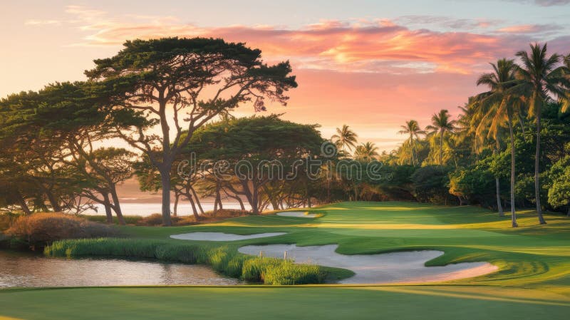 Beautiful Sunrise on a Coastal Golf Course with Tropical Trees Stock ...