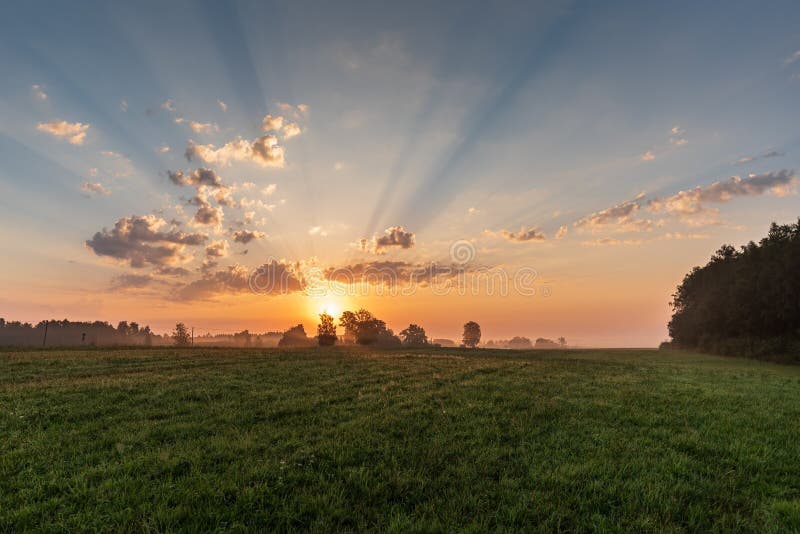 Beautiful Sunrise in the Countryside. the Sun`s Rays are Visible in the ...
