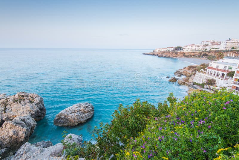 Beautiful Sunrise Over Beach in Nerja,Andalusia,Spain Stock Image ...