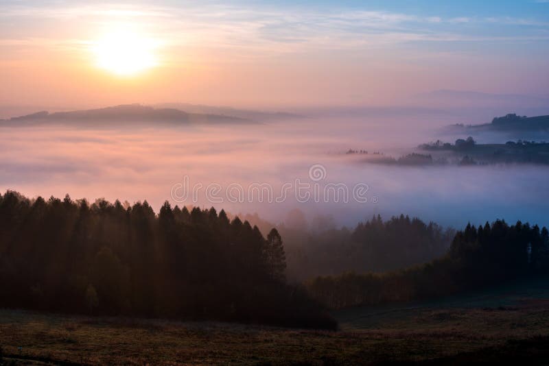 Beautiful Sunrise Over Foggy Rolling Hils and Forest at Fall Stock ...