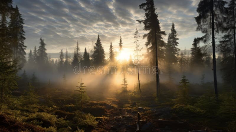 Beautiful Sunrise Over Forest with Fog - Uhd Image Stock Illustration ...