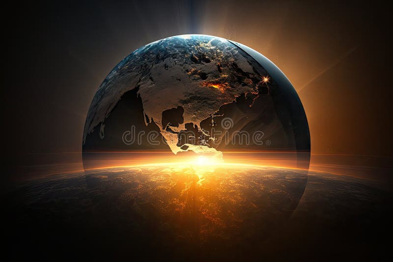 A Beautiful Sunrise Over a Globe, with Rays of Light Shining through ...