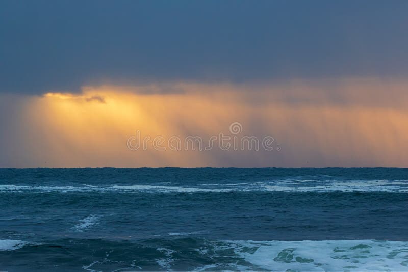 Beautiful Sunrise Over Ocean Cloudy Raining Stock Photo - Image of ...