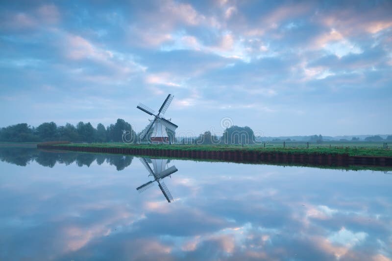 Beautiful Sunrise Over River and Windmill Stock Image - Image of ...