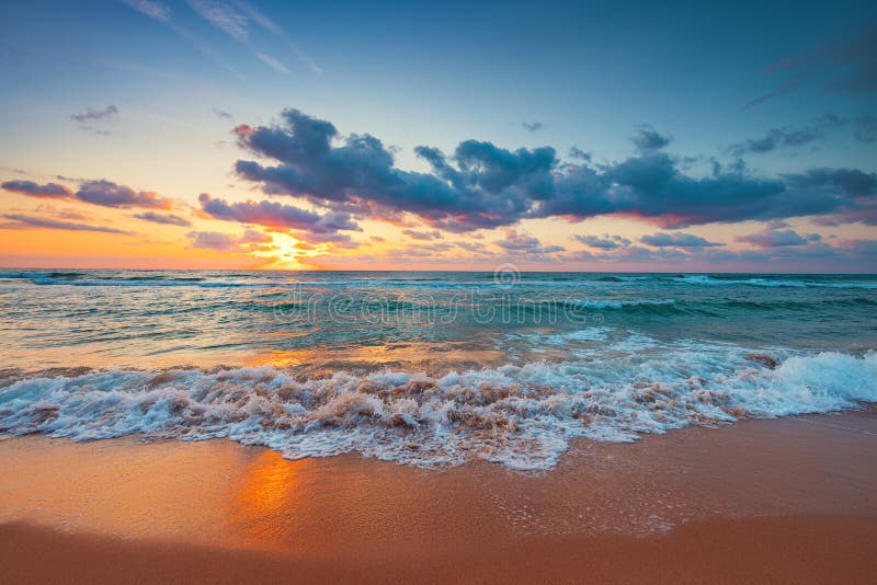 Beautiful Sunrise Over the Sea and Beach. Summer Morning and Ocean ...