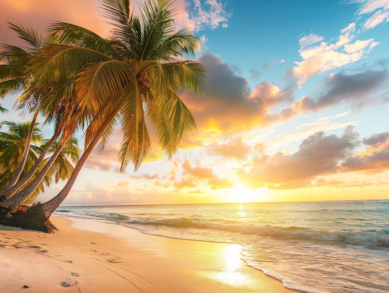 Beautiful Sunrise Over the Tropical Beach, Beach with Palm Trees Stock ...