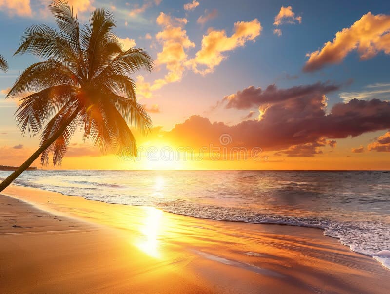 Beautiful Sunrise Over the Tropical Beach, Beach with Palm Trees Stock ...