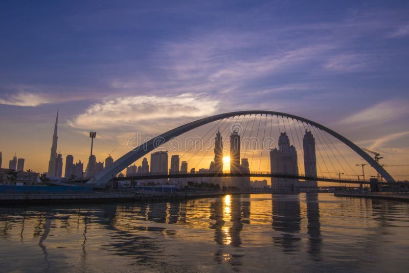 Beautiful Sunrise View of Tolerance Bridge in Dubai Canal Stock Image ...