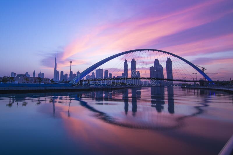 Beautiful Sunrise View of Tolerance Bridge in Dubai Canal Stock Photo ...