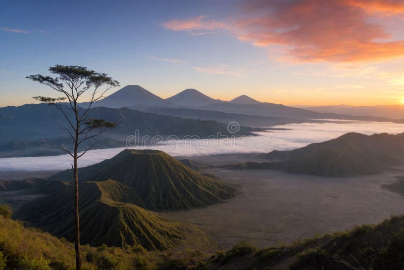 Beautiful Sunrise Viewpoint with a Tree Mount Bromo in East Java in ...